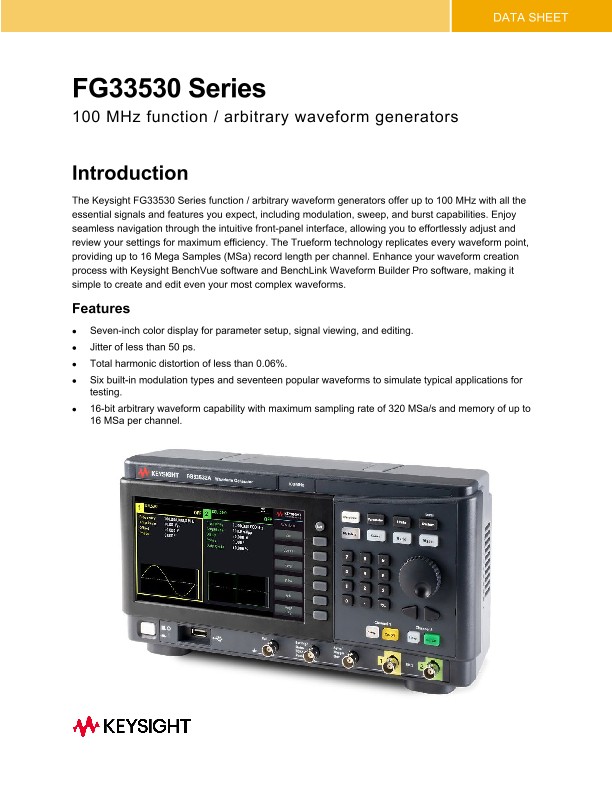 FG33530 Series 100 MHz Function/Arbitrary Waveform Generators PDF Asset Page | Keysight